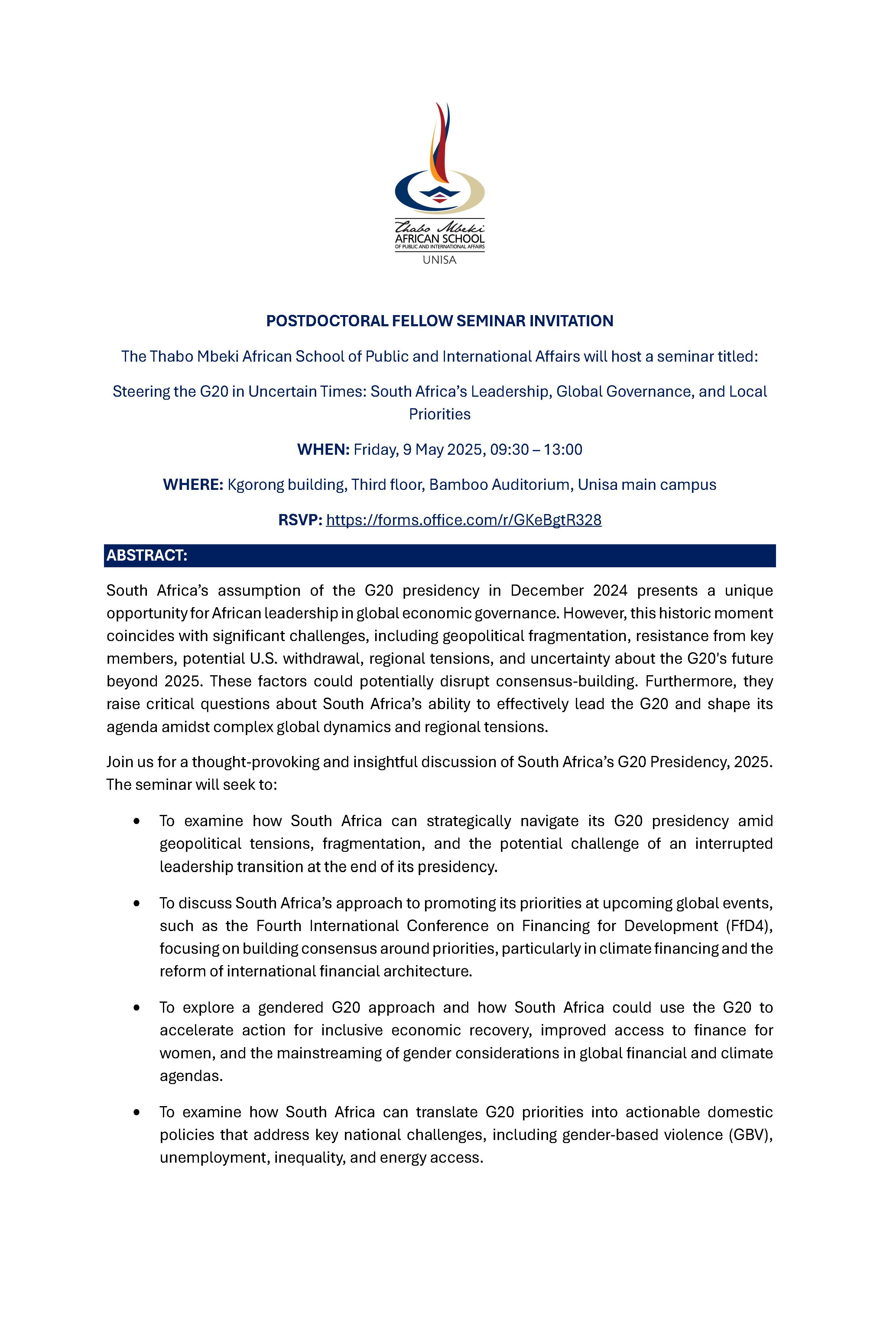 Postdoctoral Fellow Seminar: Steering the G20 in Uncertain Times: South ...