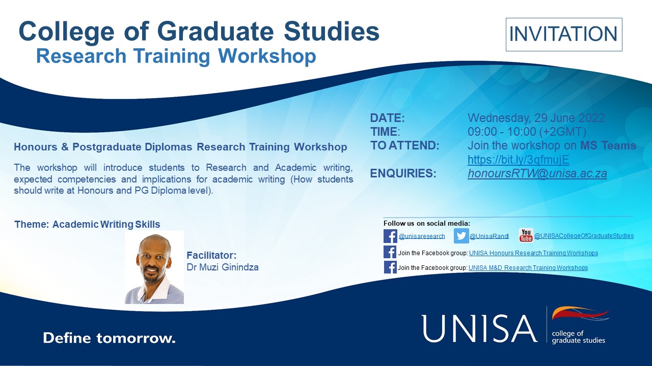 Honours and postgraduate diploma research training workshop: 'Academic ...